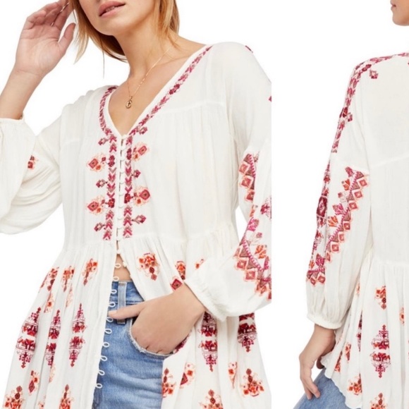 Free People | Tops | Free People Boho Ariana Embroidered Floral Tunic ...